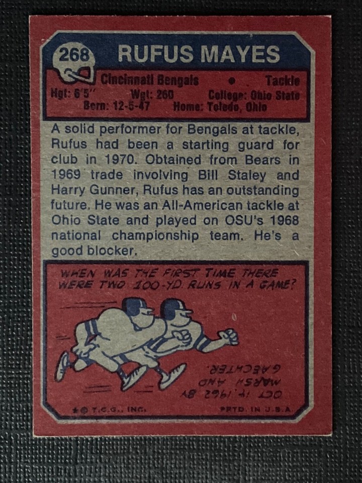 Rufus Mayes 1973 Topps Rookie Football Card #268 - Cincinnati Bengals ...