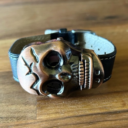 Skull Hidden Watch Wristwatch Working Copper Tone Metal Black Leather ...
