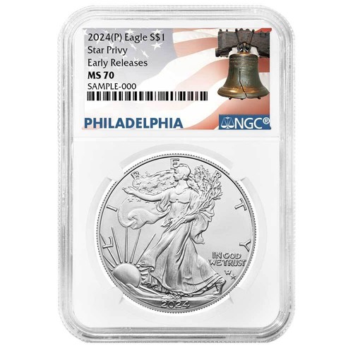 2024 (P) $1 American Silver Eagle Star Privy NGC MS70 ER Liberty Bell ...