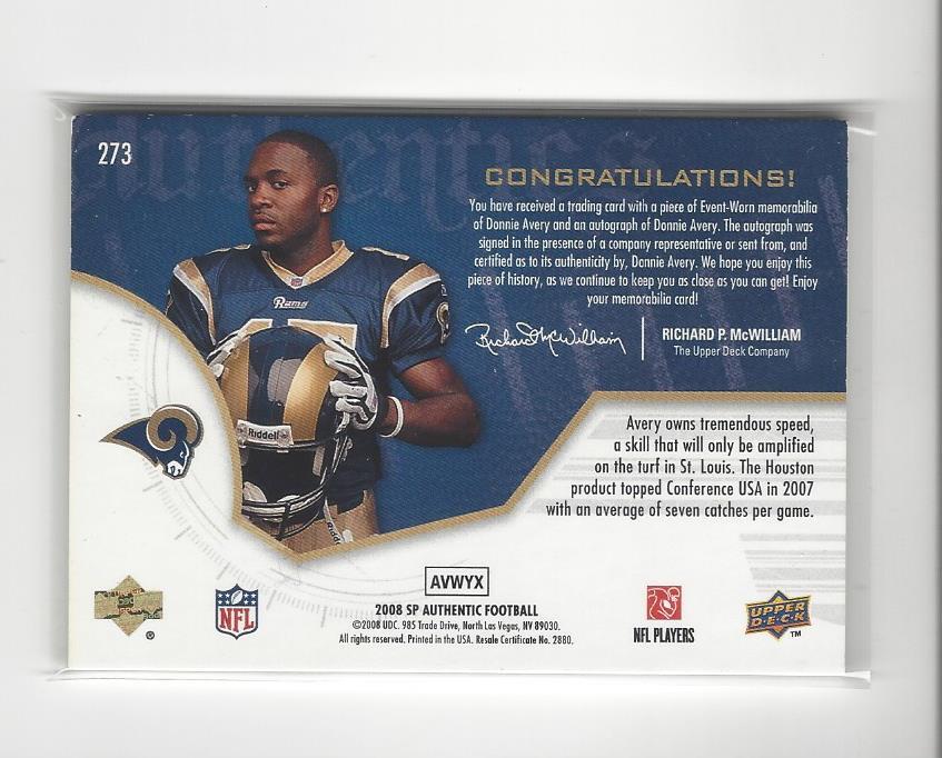 2008 SP Authentic #273 Donnie Avery RC AUTOGRAPH PATCH Rams /999 | eBay