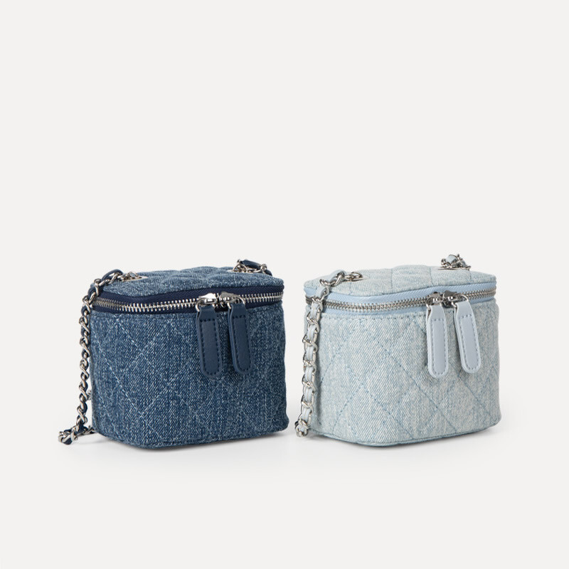 Mini Quilted Denim Shoulder Bag Vanity Case Purse Box Clutch Crossbody ...