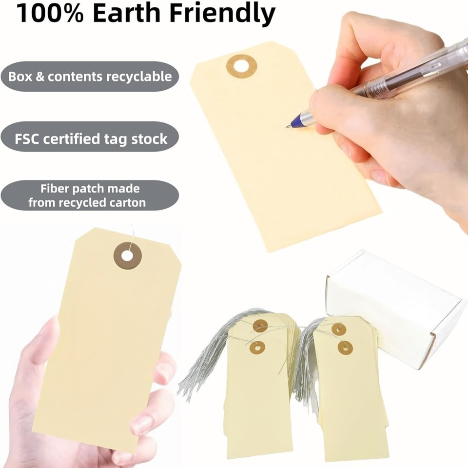 100 Pack 4 3/4"x2 3/8" Size 5 Manila Inventory Pre Wired Hang Tags with ...