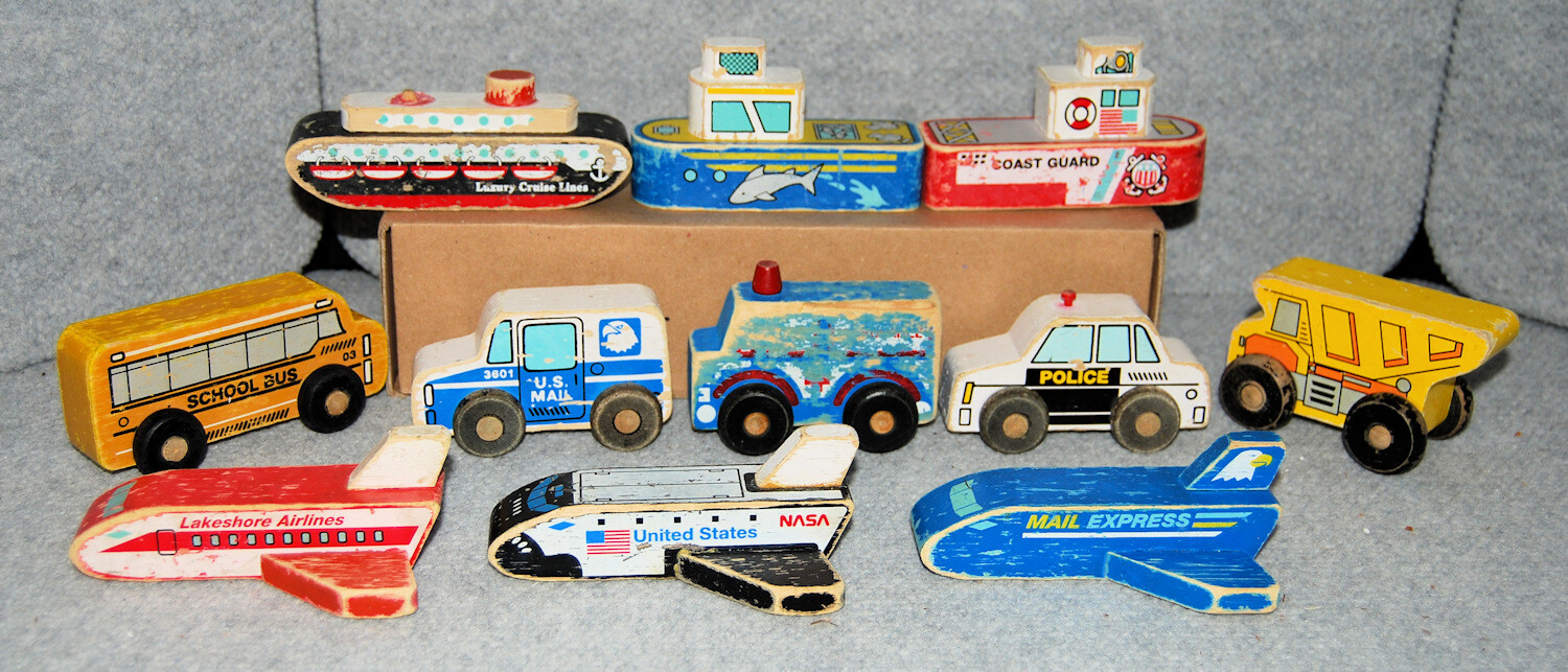 11 LAKESHORE Wooden Vehicles PLANE, BOAT, MAIL, BUS, POLICE AMBULANCE ...