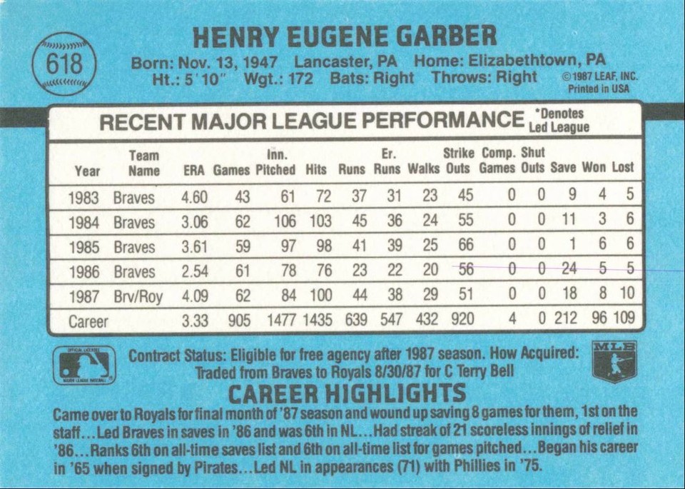 1988 Donruss Baseball Gene Garber Kansas City Royals #618 | eBay