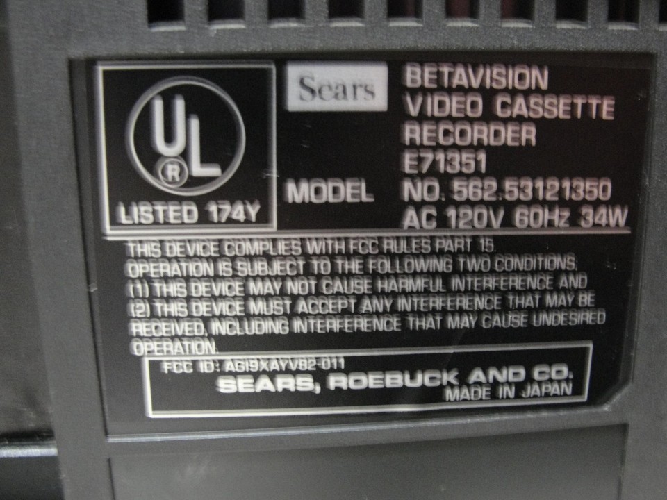 Vintage Sears Beta vision 562.53121350 VCR Beta Tape Player Recorder ...