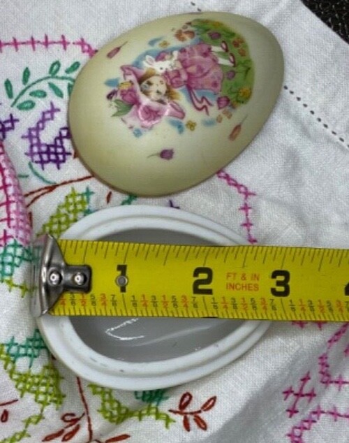 Lefton Easter egg trinket box 08215 little girl with rabbit tulips pink ...