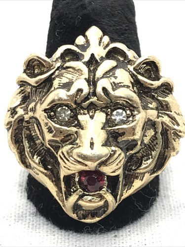 Vintage 18K HGE Large Loin Face Design Red Mouth Crystal-Clear Eyes ...