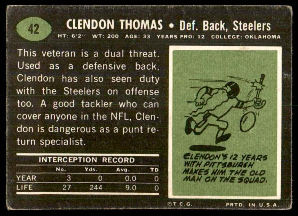 1969 TOPPS. CLENDON THOMAS PITTSBURGH STEELERS #42 | eBay