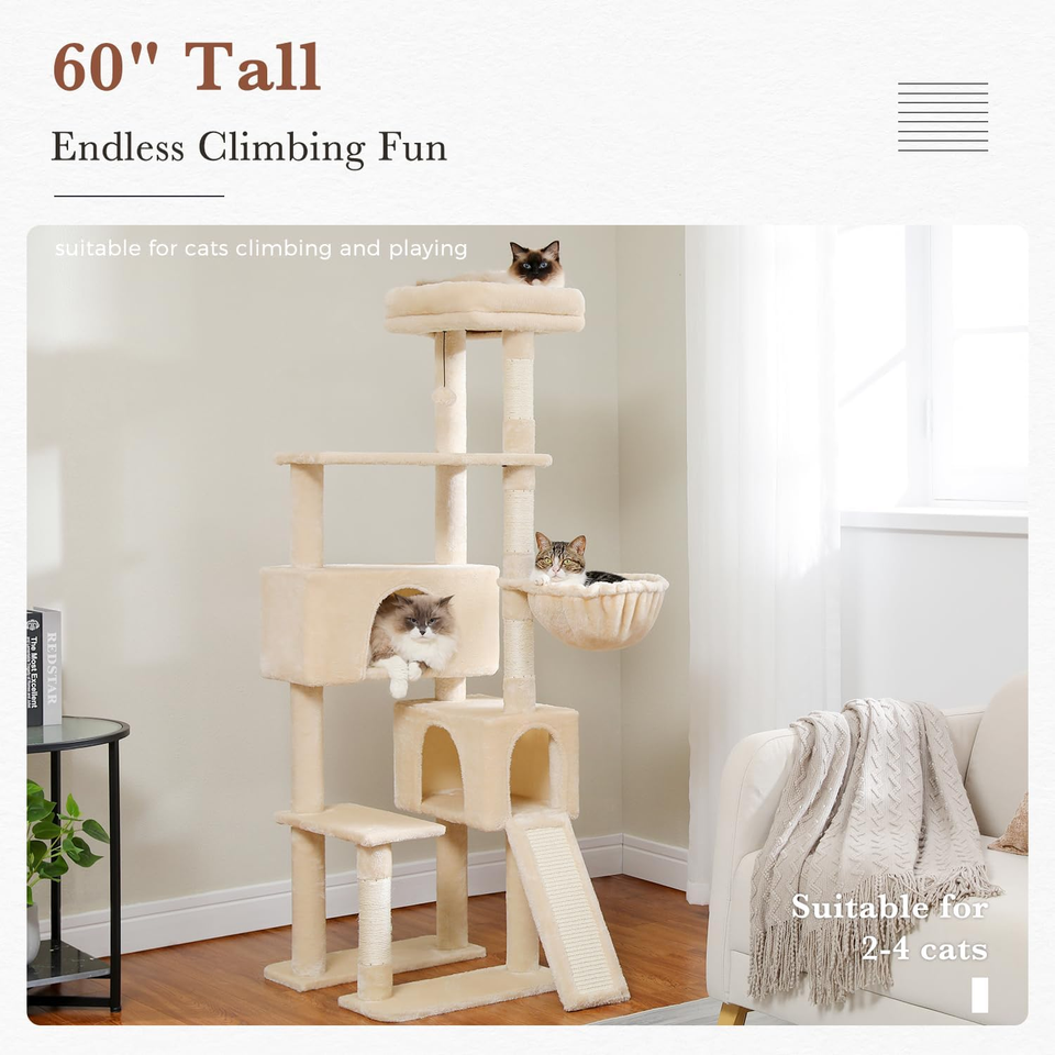 Cat Tree, 60 Inches Cat Tower with Dual Condos, Spacious Perch, Cozy ...