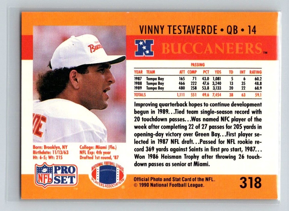 1990 Pro Set #318 Vinny Testaverde Tampa Bay Buccaneers Football Card ...