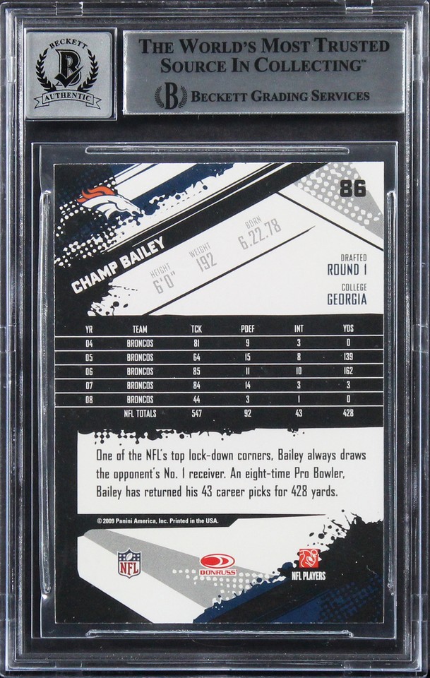 Broncos Champ Bailey Signed 2009 Score Inscriptions #86 Card Auto 10 ...