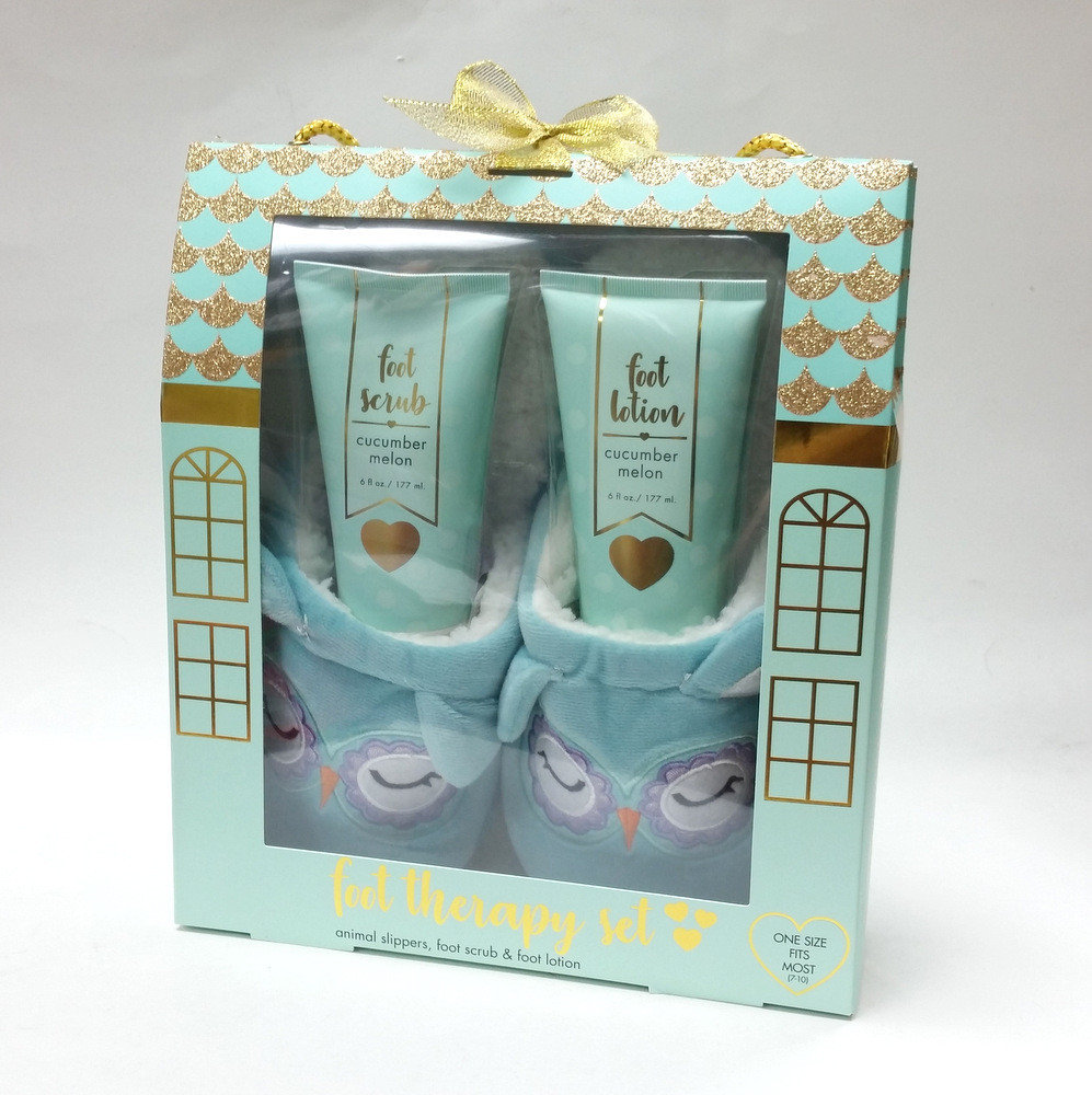 Owl Slippers Cucumber Melon Foot Lotion & Foot Scrub Therapy Gift Set ...