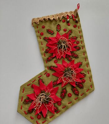 Vtg 70s Finished Jan Orr Christmas Stocking Felt Poinsettia Beaded ...