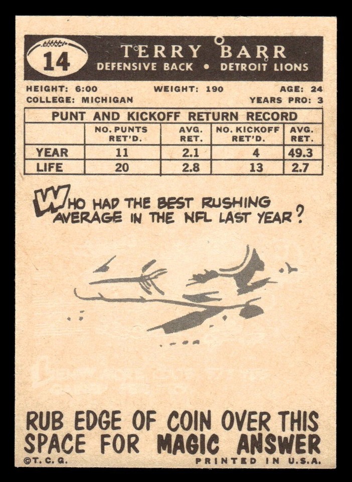 1959 Topps Football #14 Terry Barr NM *e6 | eBay