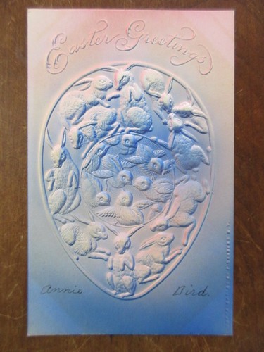 1907 Antique Embossed Bunny Chick Rabbit Pink & Blue POSTCARD Easter ...