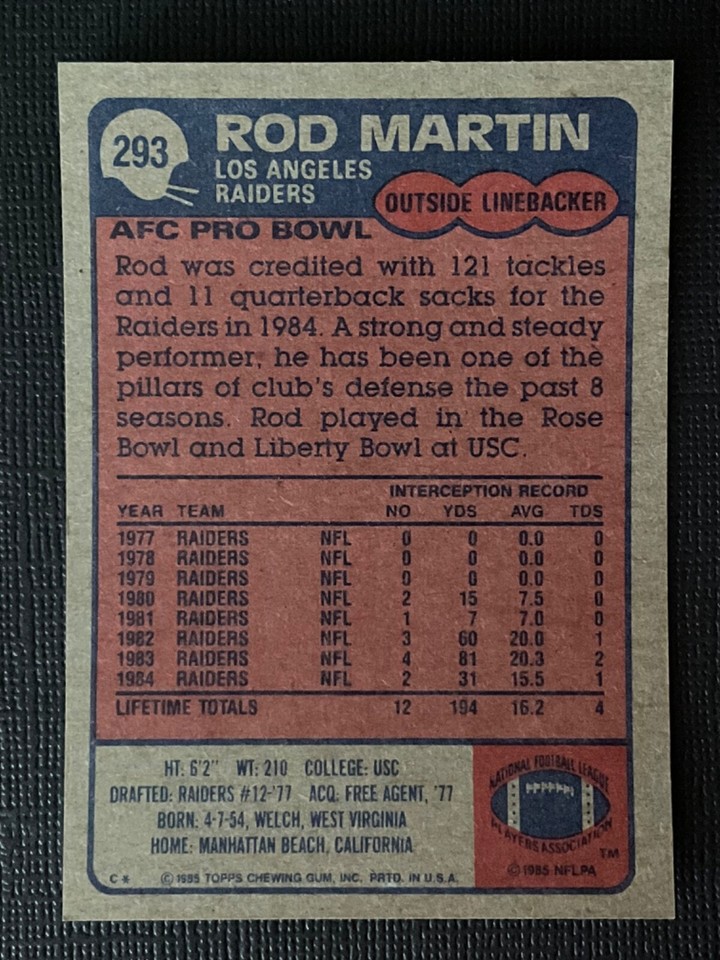 Rod Martin 1985 Topps Football Card #293 - Los Angeles Raiders All-Pro ...