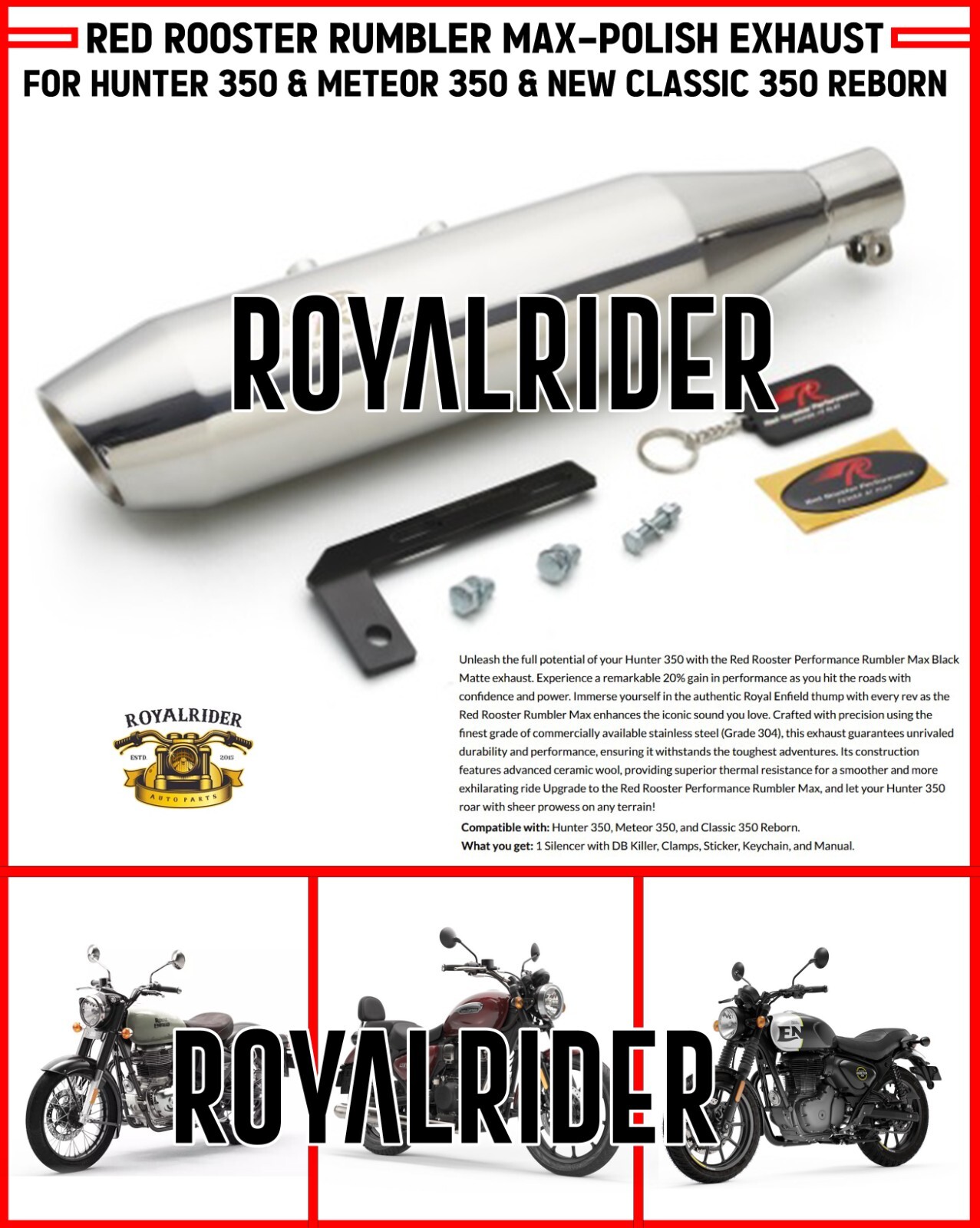 RED ROOSTER RUMBLER EXHAUST FIT FOR ROYAL ENFIELD HUNTER/METEOR/NEW ...
