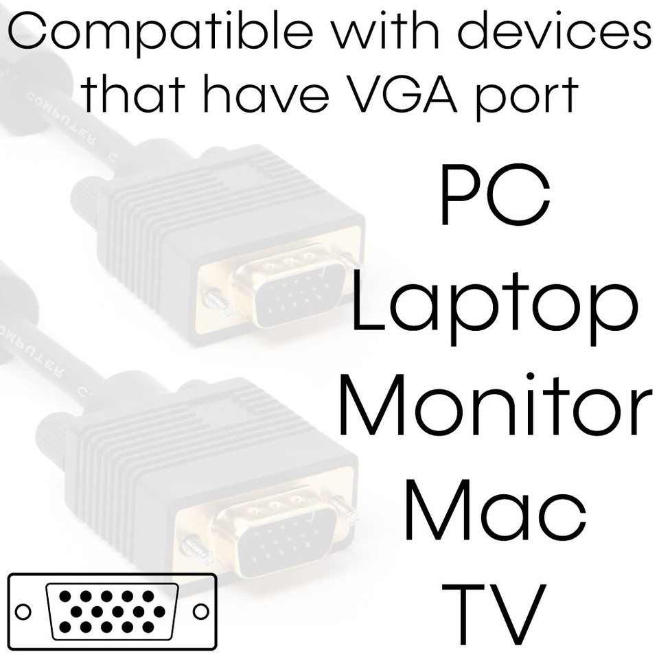VGA Monitor Cord VGA to VGA Cable Full HD 1080p HD15 SVGA Laptop HDTV ...