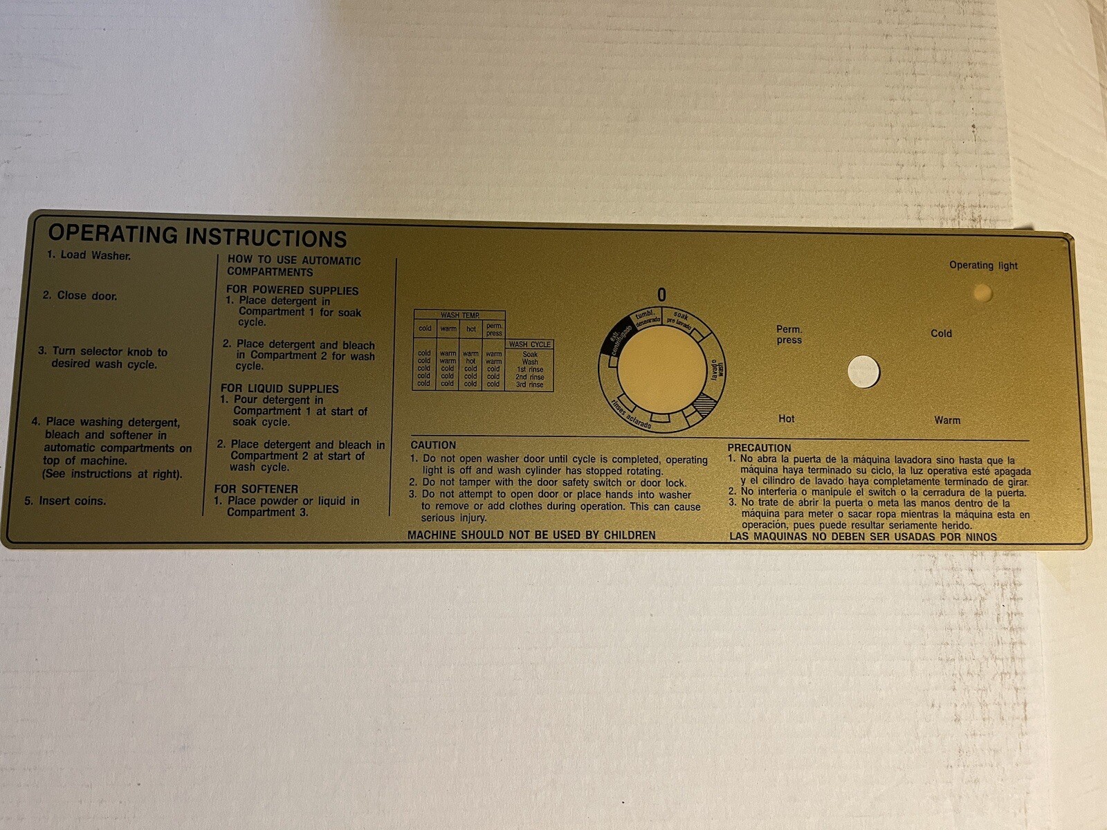 wascomat Washer Gen 4 instruction Front Plate Decal PN:45232 Color ...