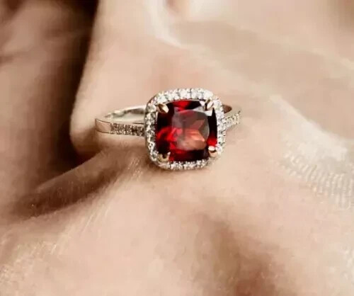 2Ct Princess Cut Lab-Created Red Ruby Halo Engagement Ring 14K White ...