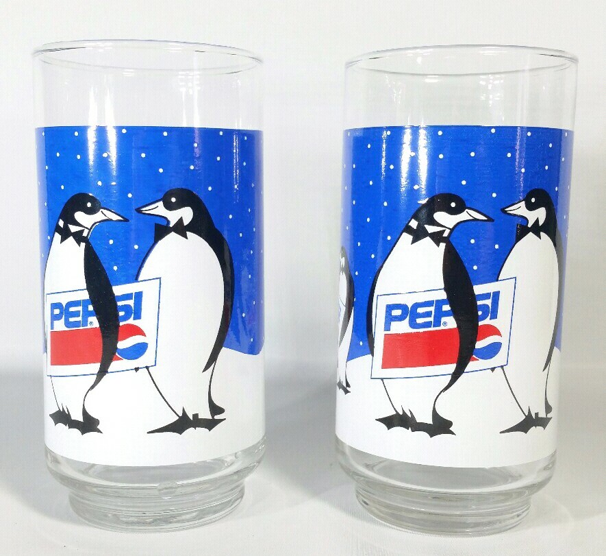 Set Of 2 VTG Pepsi Cola Glass Tumbler Penguins Snow Bowtie Blue Clear ...