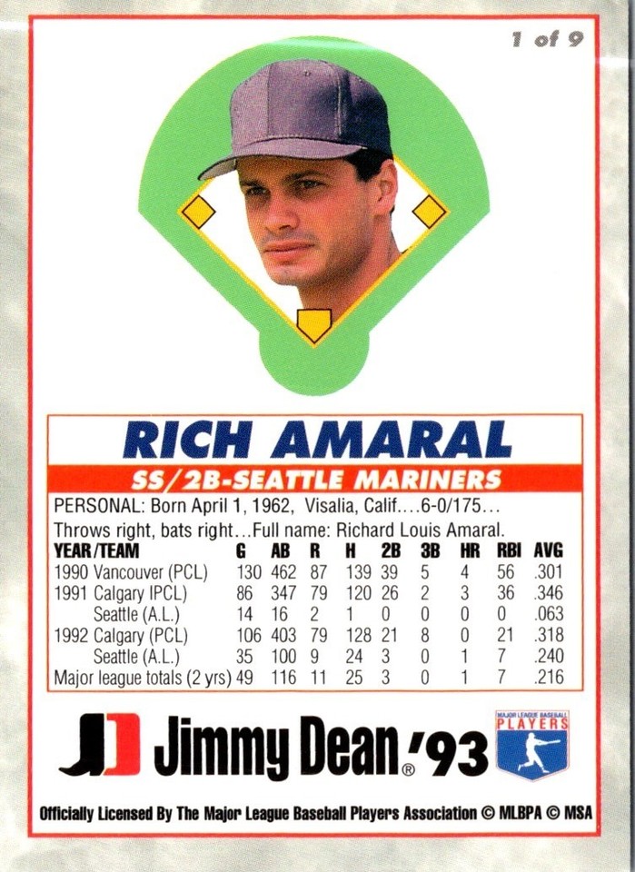 1993 Jimmy Dean Rookies Rich Amaral #1 Seattle Mariners Baseball Card ...