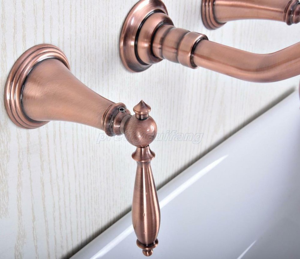 Wall Mounted Antique Red Copper Widespread Bathroom Basin Sink Faucet ...