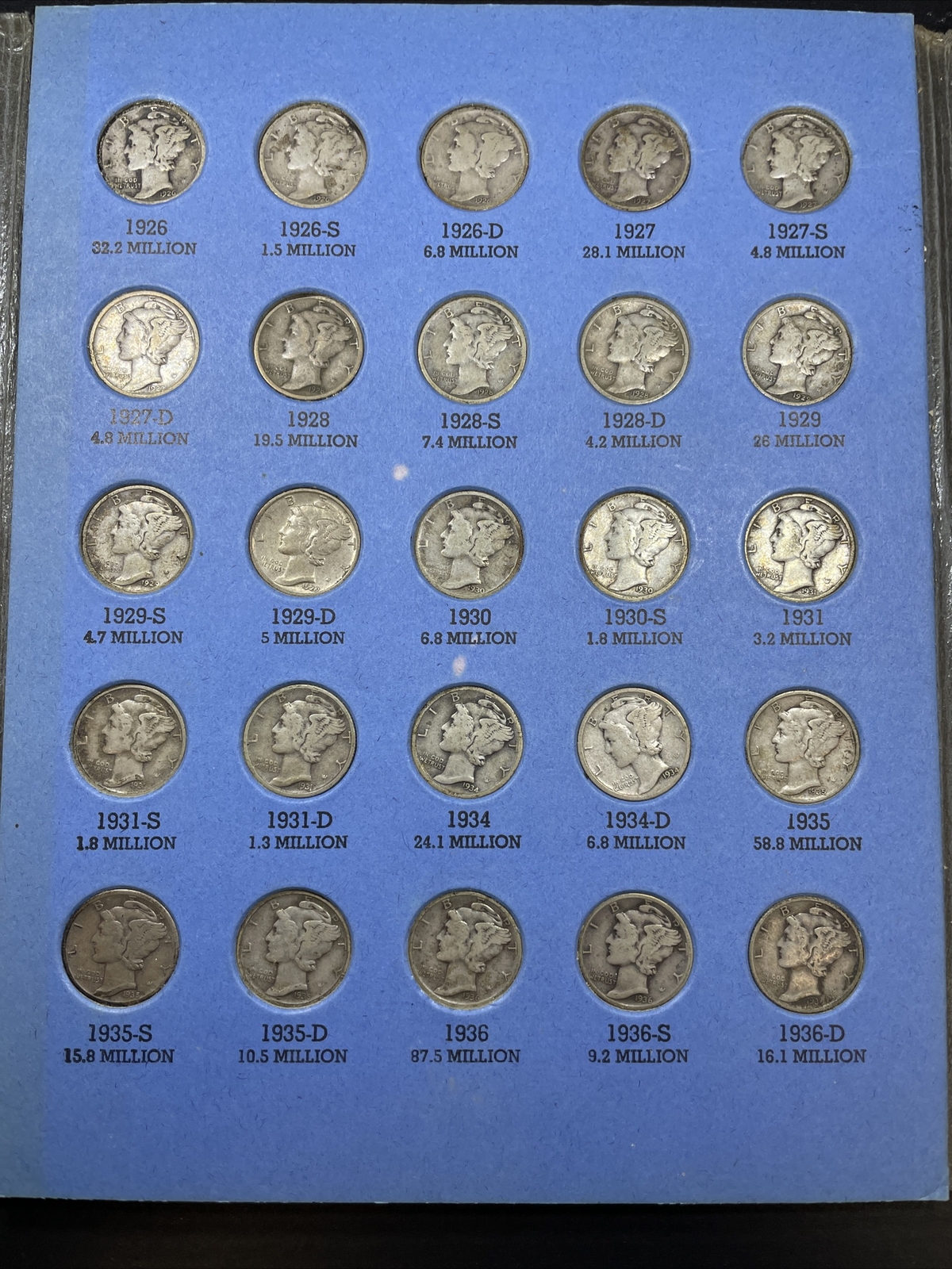 1916 - 1945 Nearly Complete Mercury Dime Set - 76 Coins - Missing 1916 ...