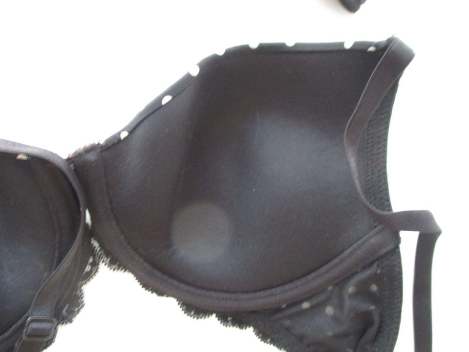 Adore Me black lace pink ribbon accent bra pantie set Polka dots SIZE L ...