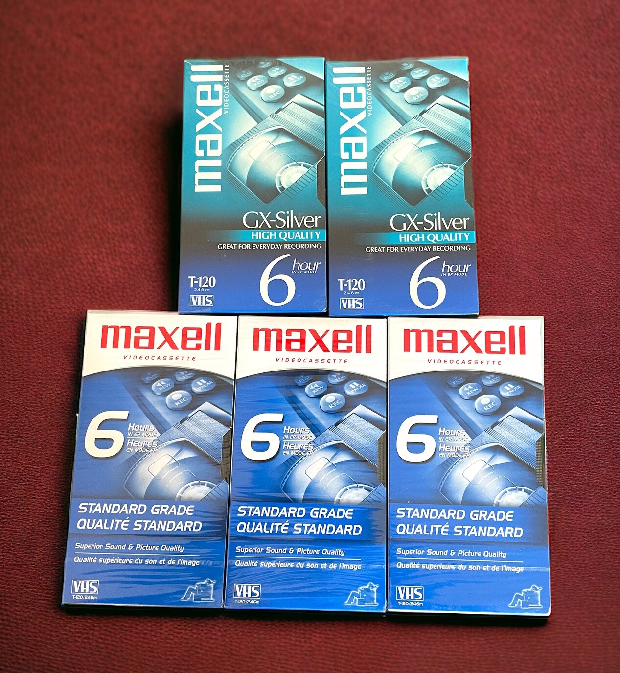 Lot of 5 Maxell Video Cassette Tapes GX-Silver & Standard Grade - New ...