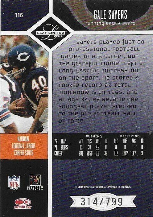 Gale Sayers Numbered 314/799 Leaf Limited 2004 (2194) | eBay