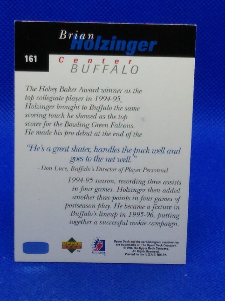 Brian Holzinger 1996 Be A Player #161 PERSONAL AUTOGRAPH Buffalo Sabres ...