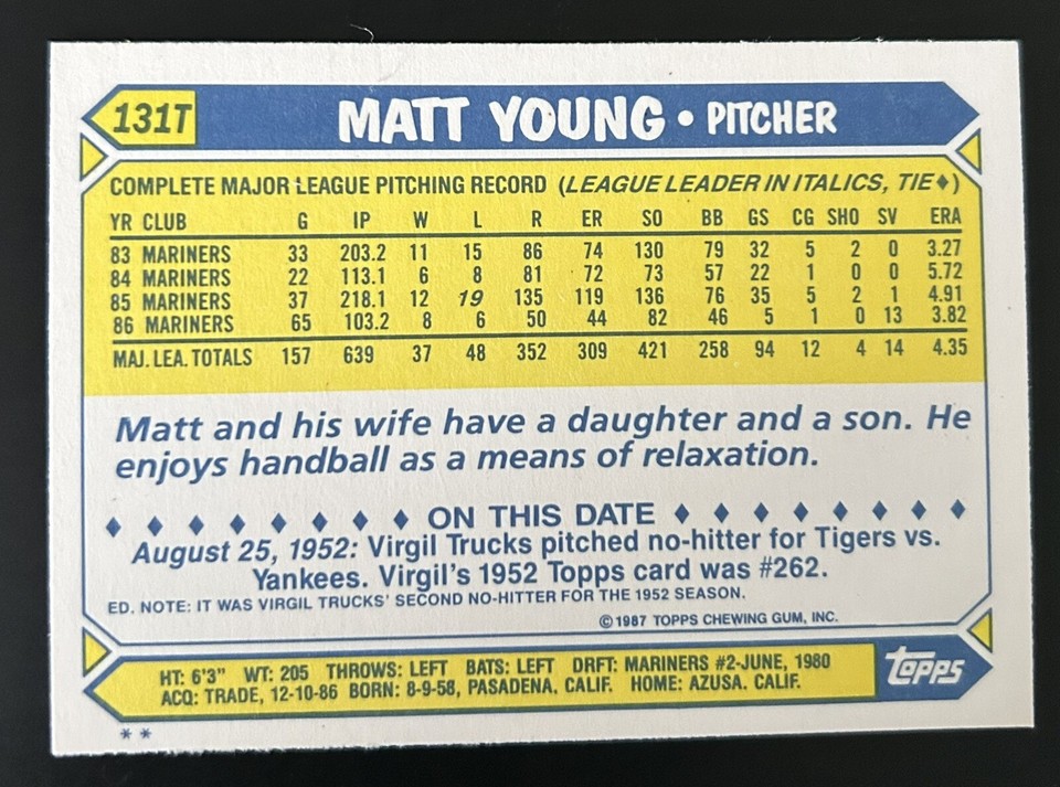 1987 Topps Traded Matt Young Los Angeles Dodgers #131T | eBay