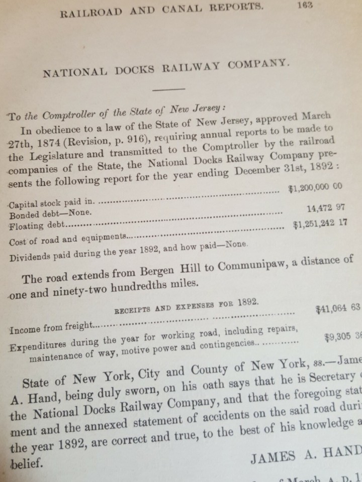1893 New Jersey train document NATIONAL DOCKS RAILWAY Bergen Hill ...