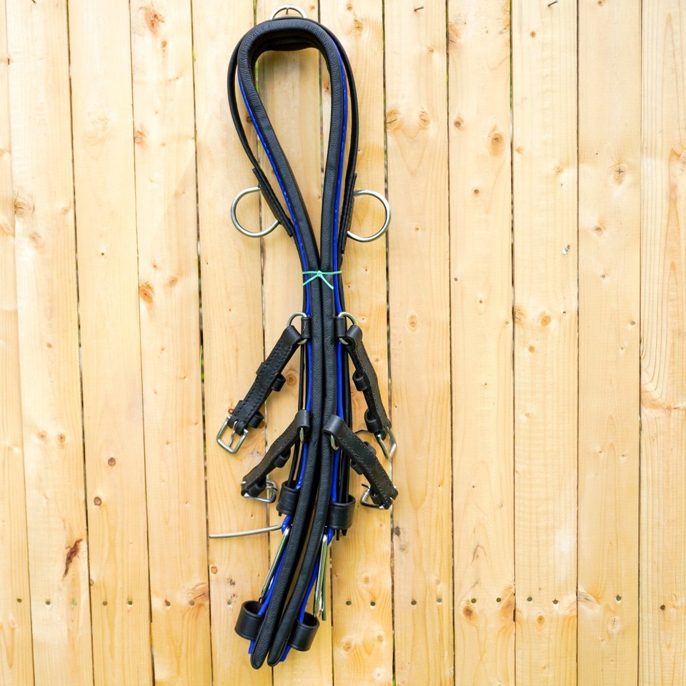 Full Size Black Horse Patent Leather Driving Harness Set Blue Trim | eBay