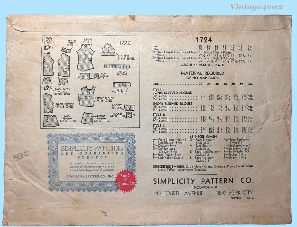 1930s Vintage Simplicity Sewing Pattern 1724 Stylish Misses Peplum ...