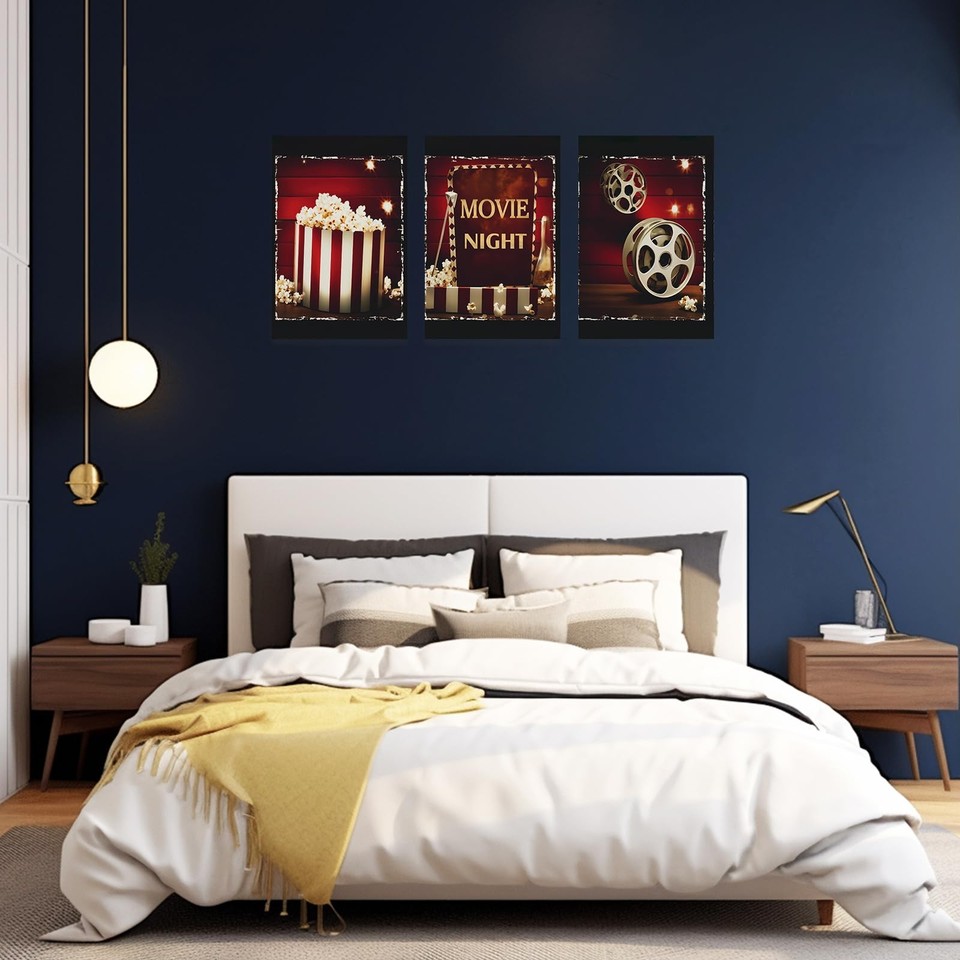 Wall Art 3 Piece Movie Sign Canvas Print Black and Red Popcorn Painting ...