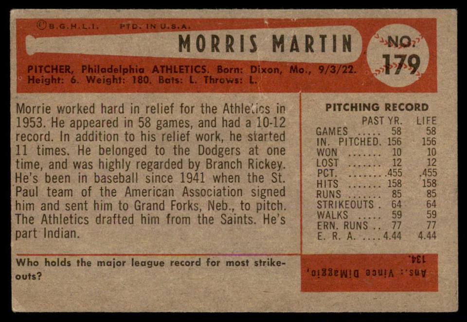 1954 Bowman #179 Morris Martin (corner chipping) | eBay