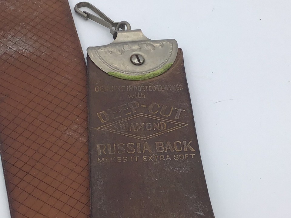 Vtg EM Mfg Co Leather Diamond Russia Back Razor Sharpening Strop Strap ...