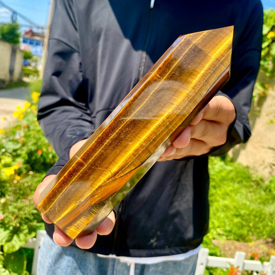 1.2LB Rare Golden Tiger Eye Stone Obelisk Quartz Wand Crystal Pillar ...