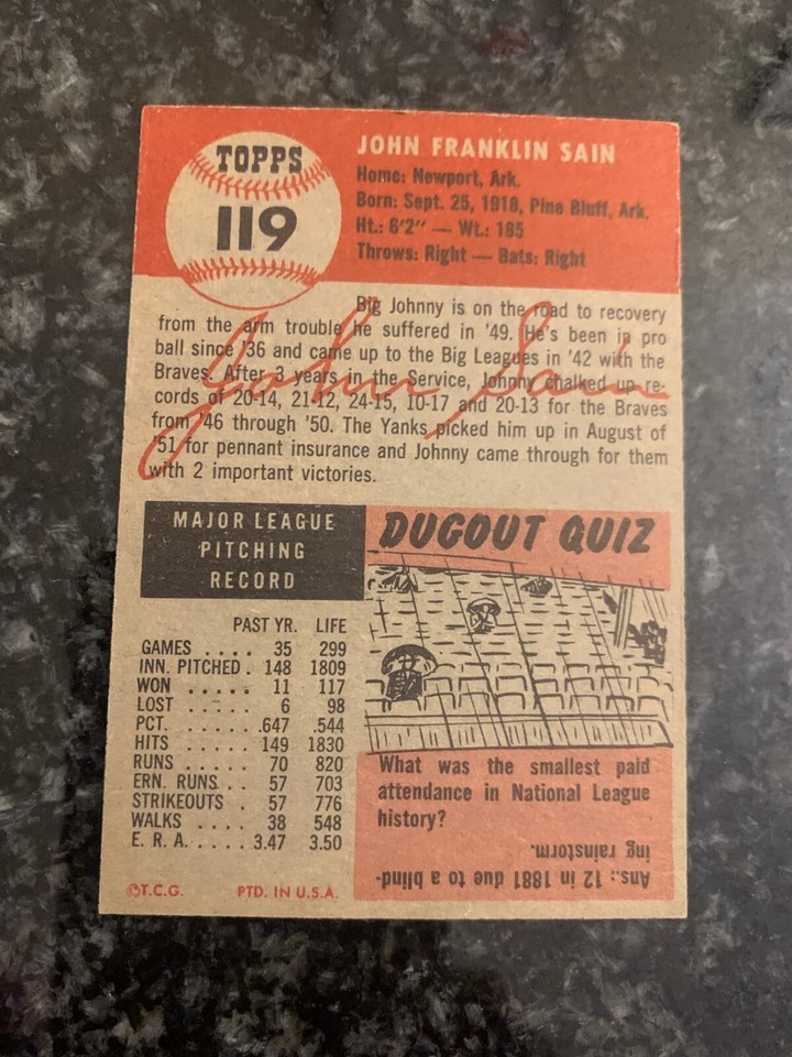 1953 Topps Baseball #119 JOHN SAIN...........EX++ | eBay