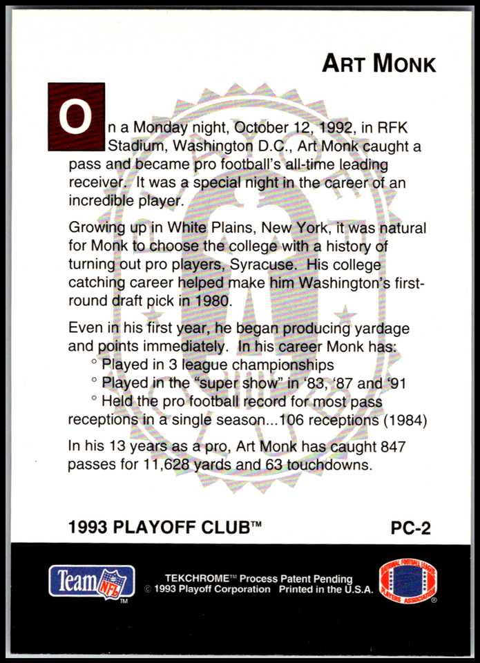 1993 Playoff #PC-2 Art Monk - Club HOF FREE SHIPPING! | eBay