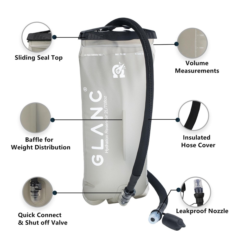 GLANC Hydration Bladder - 2L Water Bladder with Cleaning Kit for ...