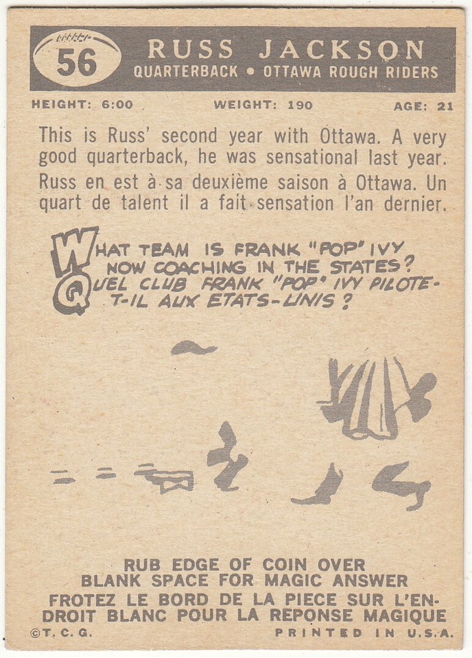 1959 Topps CFL # 56 Russ Jackson QB! Ottawa Rough Riders ROOKIE CARD ...