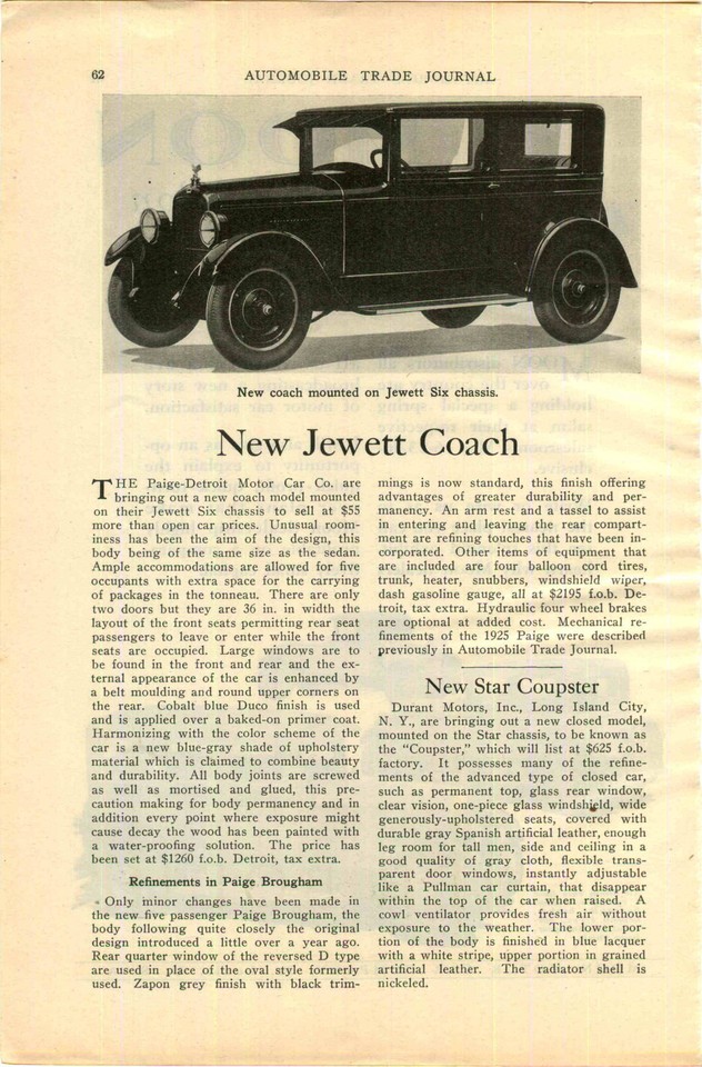 1925 PAPER AD Moon Car Auto Automobile Deluxe Models Jewett Six 6 Coach ...