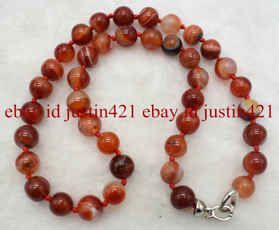 Fashion 10mm Red Striped Agate Round Gemstone Beads Necklace 18'' AAA+ ...