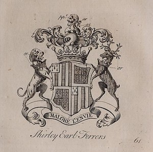 1779 ANTIQUE PRINT ~ SHIRLEY ~ FAMILY CREST COAT OF ARMS EARL FERRERS ...