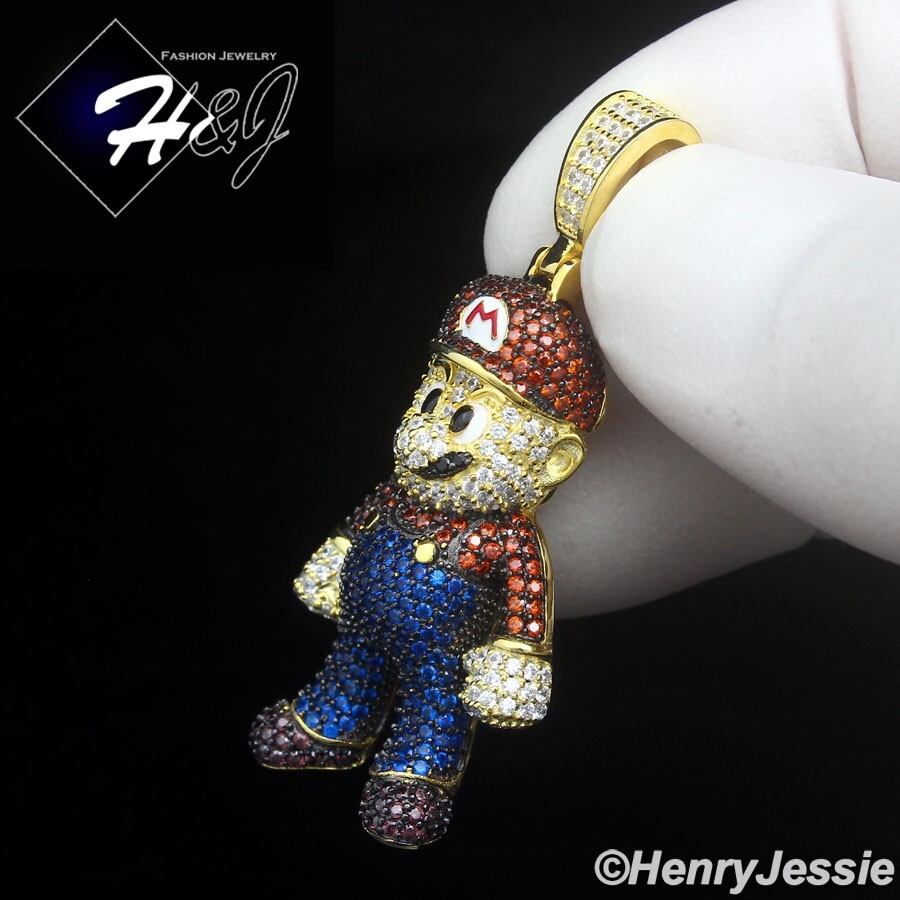 925 STERLING SILVER ICY CZ GOLD PLATED/SILVER HIPHOP 3D SUPER MARIO ...