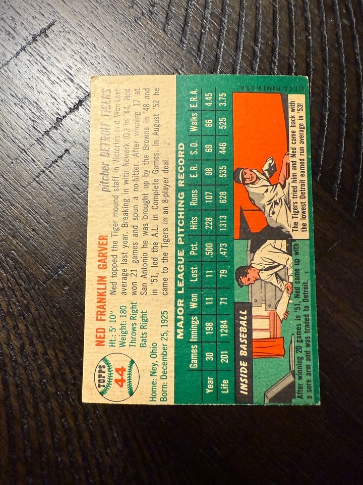 1954 TOPPS BASEBALL CARD #44 NED GARVER LOOKS EXMT BUT WRINKLES ...