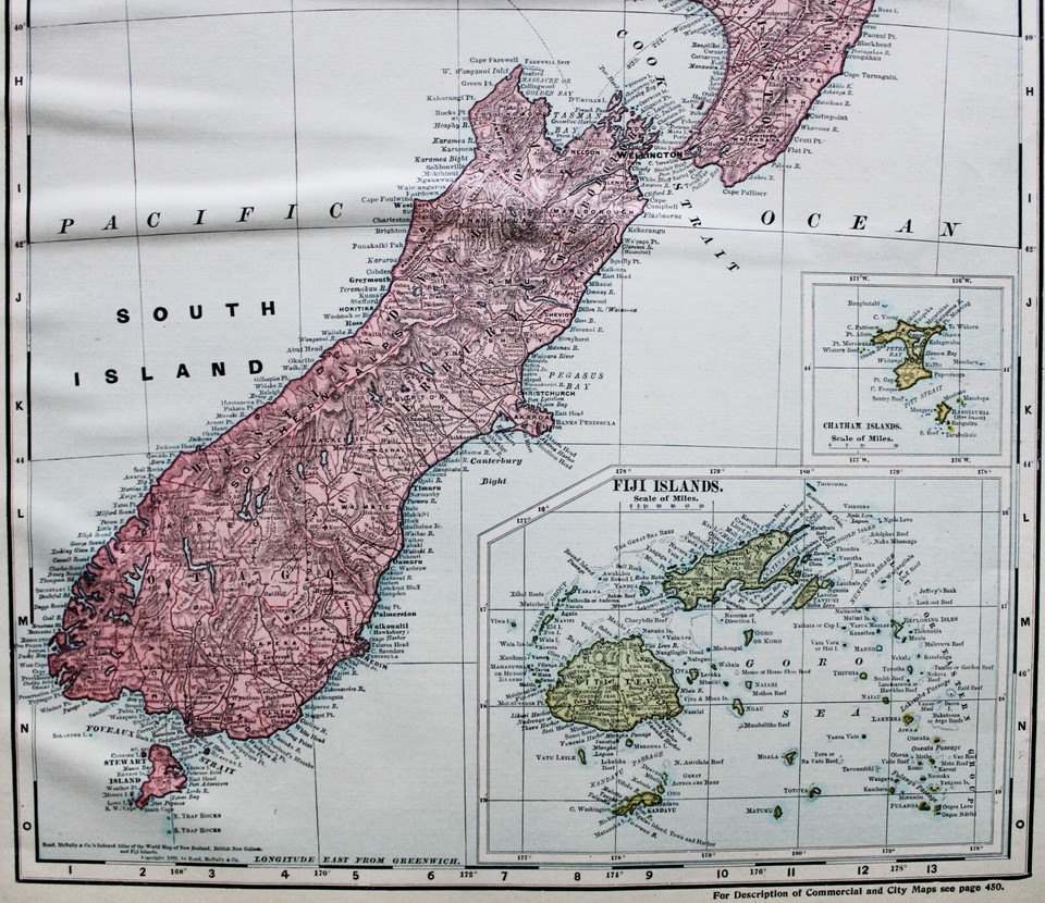 RAND MCNALLY COMMERCIAL ATLAS MAP PAGE PLATE OF NEW ZEALAND & FIJI 1913 ...